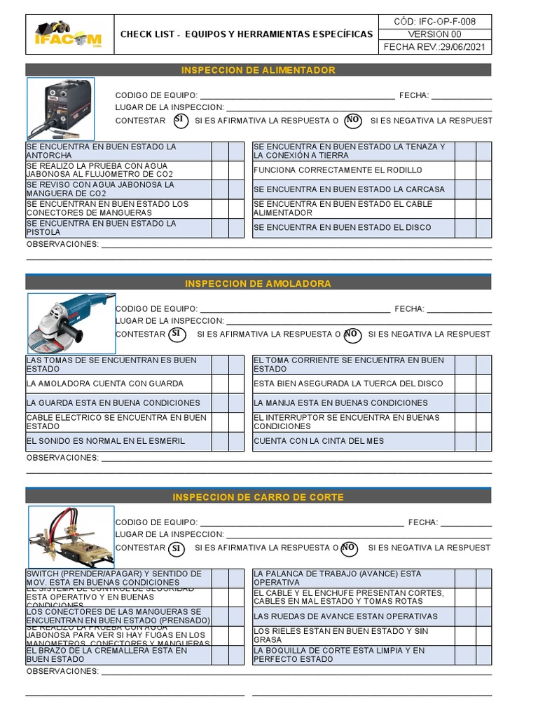 Check List - Equipos y Herram Especificas | PDF | Bienes manufacturados ...