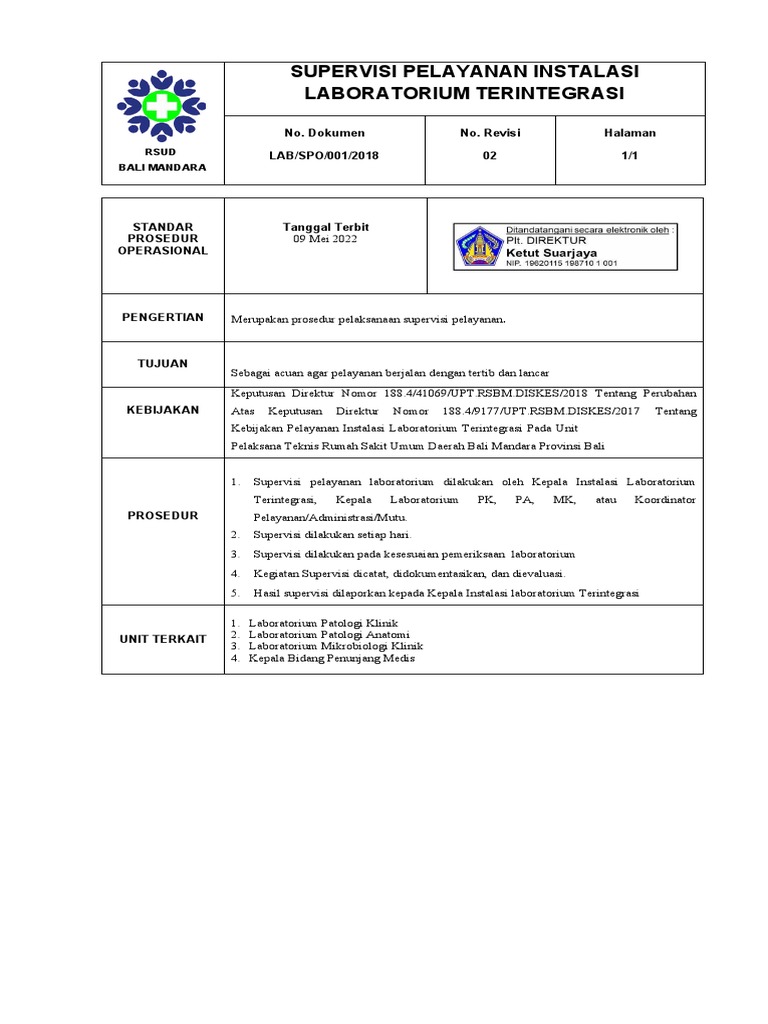 Prosedur Supervisi Laboratorium RSUD Bali | PDF
