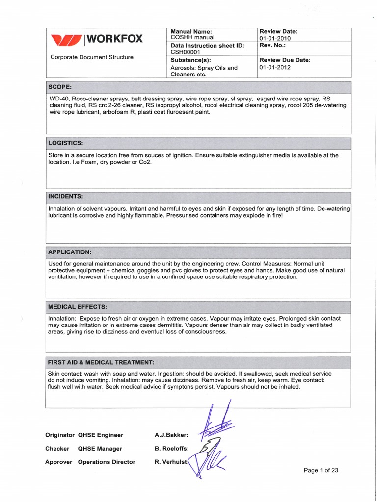 COSHH Sheet 1 Aerosols, Spray Oils and Cleaners Etc. | PDF