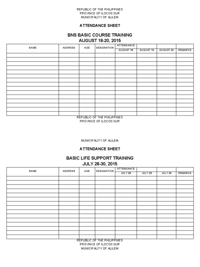Bns Basic Course Training AUGUST 18-20, 2015: Attendance Sheet | PDF ...
