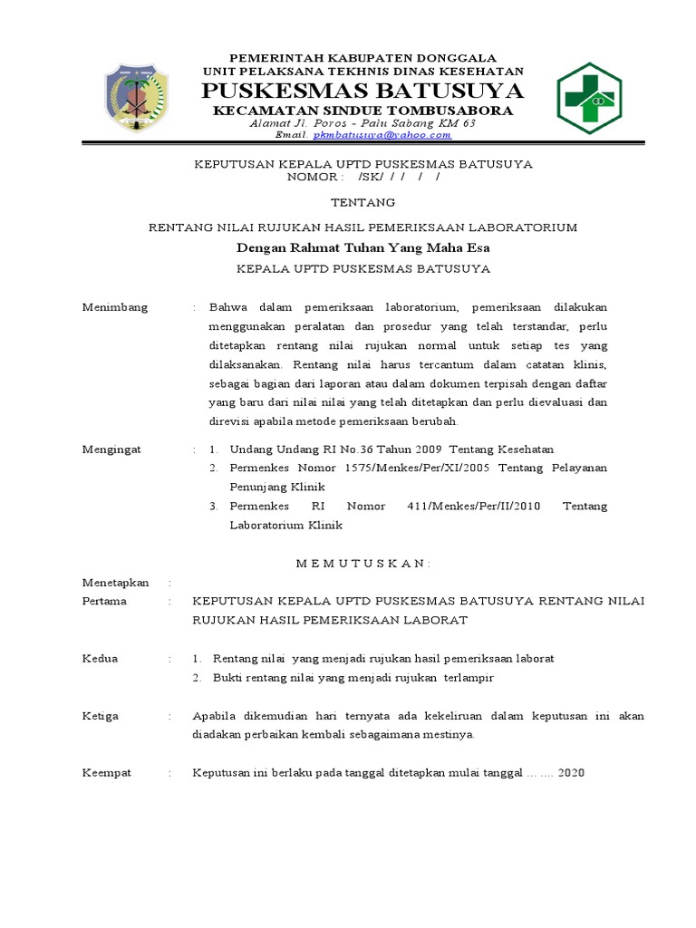 SK Rentang Nilai Rujukan Hasil Pemeriksaan Laboratorium | PDF