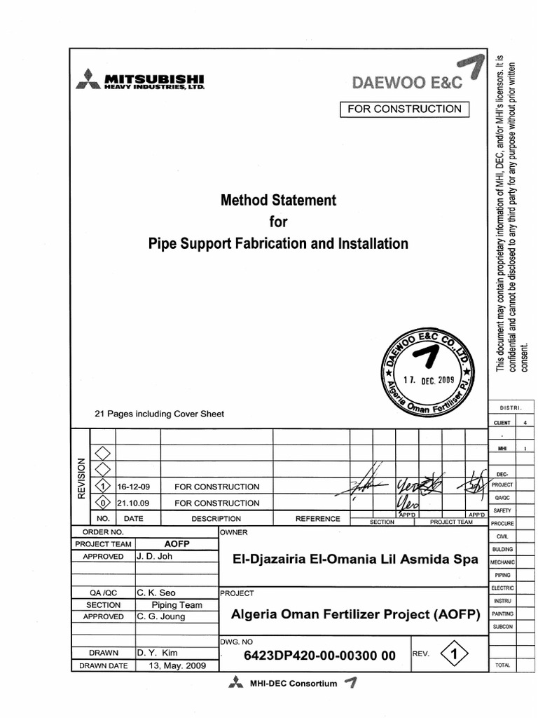 Piping Support Installation Method Statement | PDF | Pipe (Fluid ...