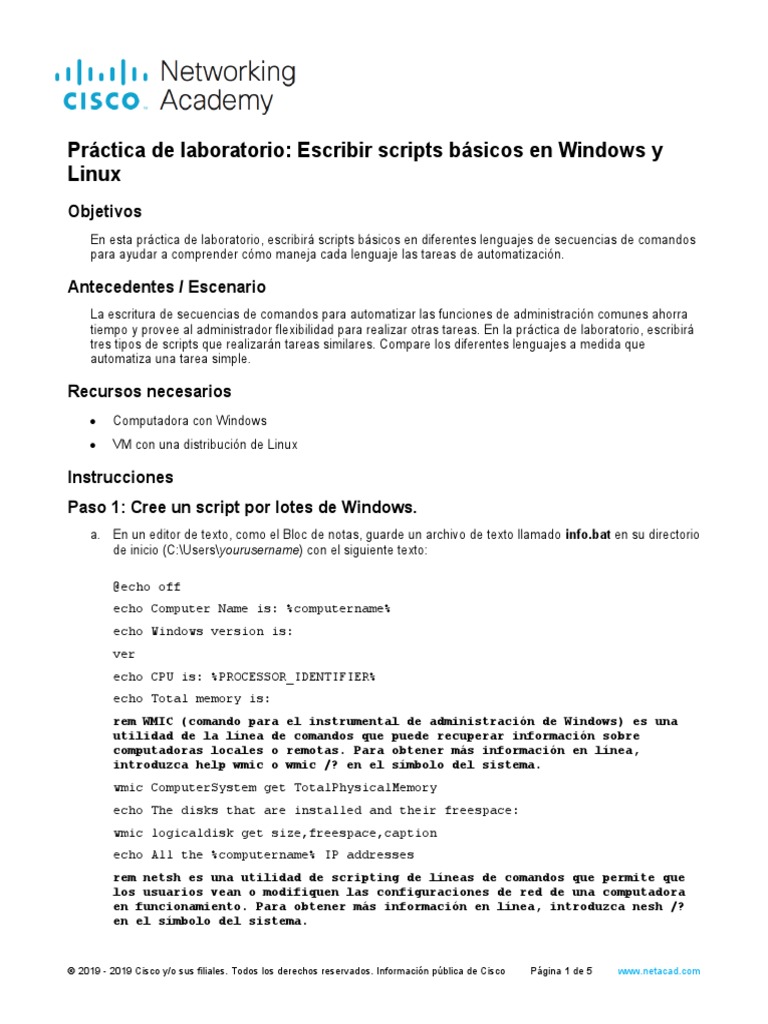14.4.2.7 Lab - Write Basic Scripts in Windows and Linux | PDF | Lenguaje de escritura | Interfaz ...