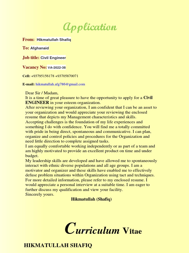 CV Engineer Hikmatullah Shafiq | PDF | Afghanistan