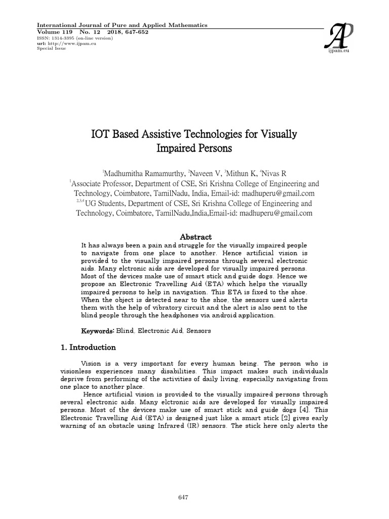 IOT Based Assistive Technologies For Visually Impaired Persons | PDF | Ultrasound | Visual ...