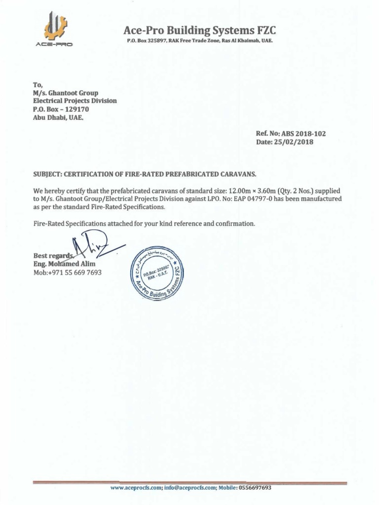 Ace-Pro Fire-Rating Cerificate With Technical Specifications | PDF ...
