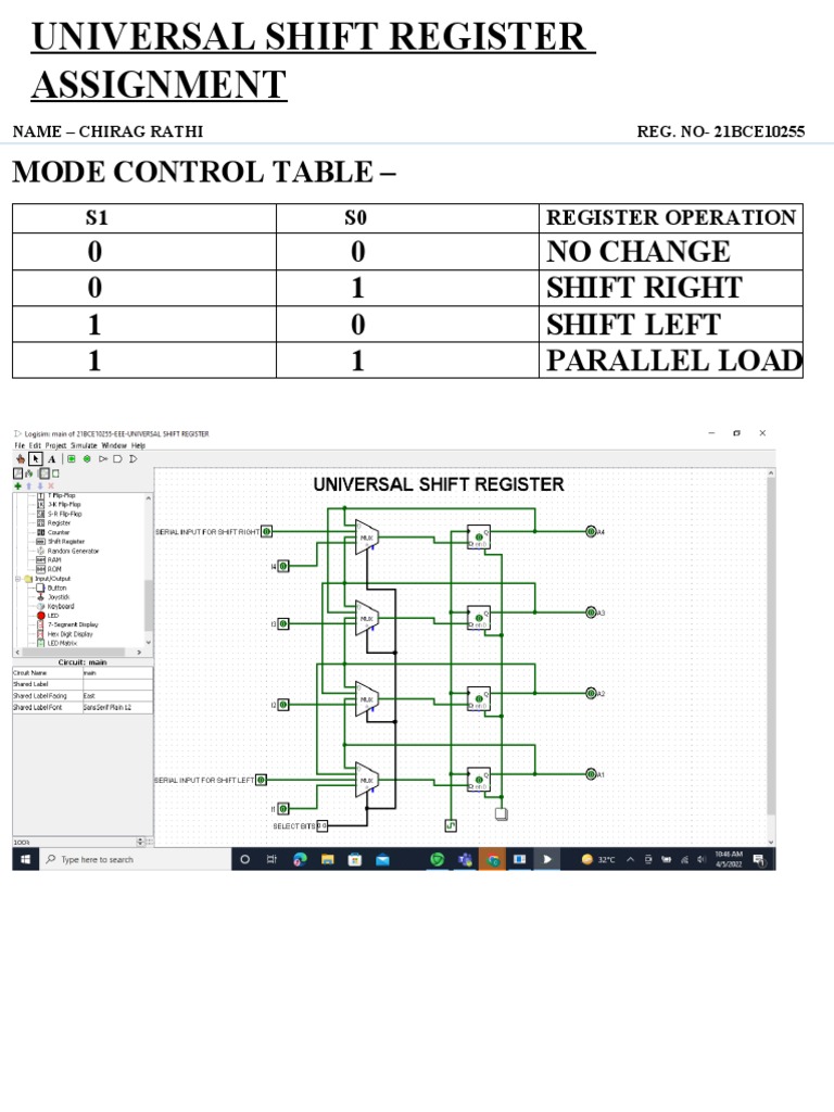 21bce10255-Universal Shift Register Assignment | PDF