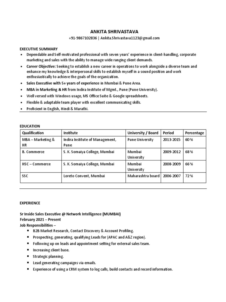 Ankita Shrivastava Resume | PDF | Sales | Linked In