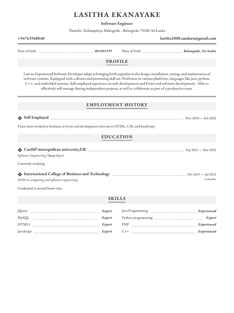 Lasitha Ekanayake - Software Engineer | PDF | Computer Engineering | Software