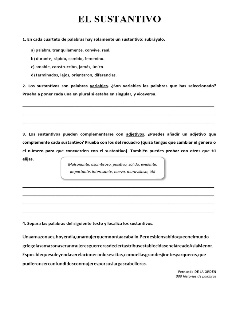 Ficha. El Sustantivo | PDF | Sustantivo | Adjetivo