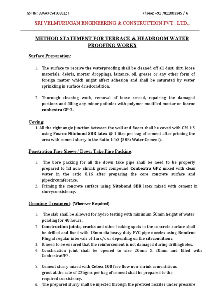 Method Statement For Terrace & Headroom Water Proofing.. | PDF ...
