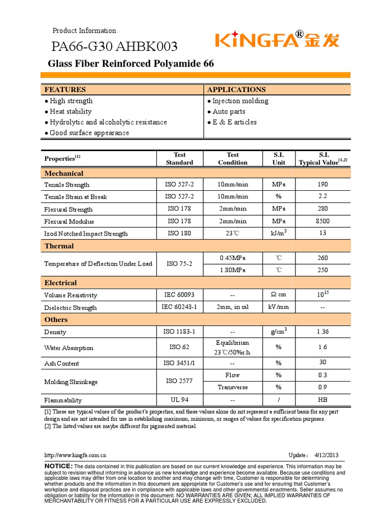 PA66-G30 Material Data Sheet | PDF | Strength Of Materials | Dust