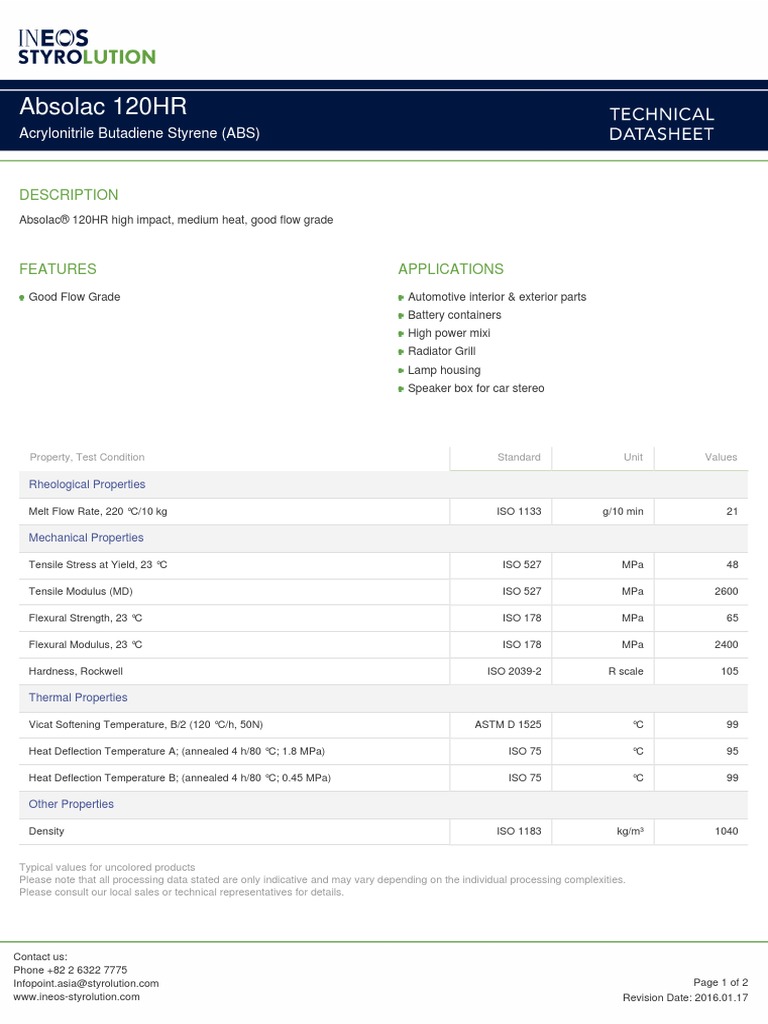 Absolac 120HR: Acrylonitrile Butadiene Styrene (ABS) | PDF ...