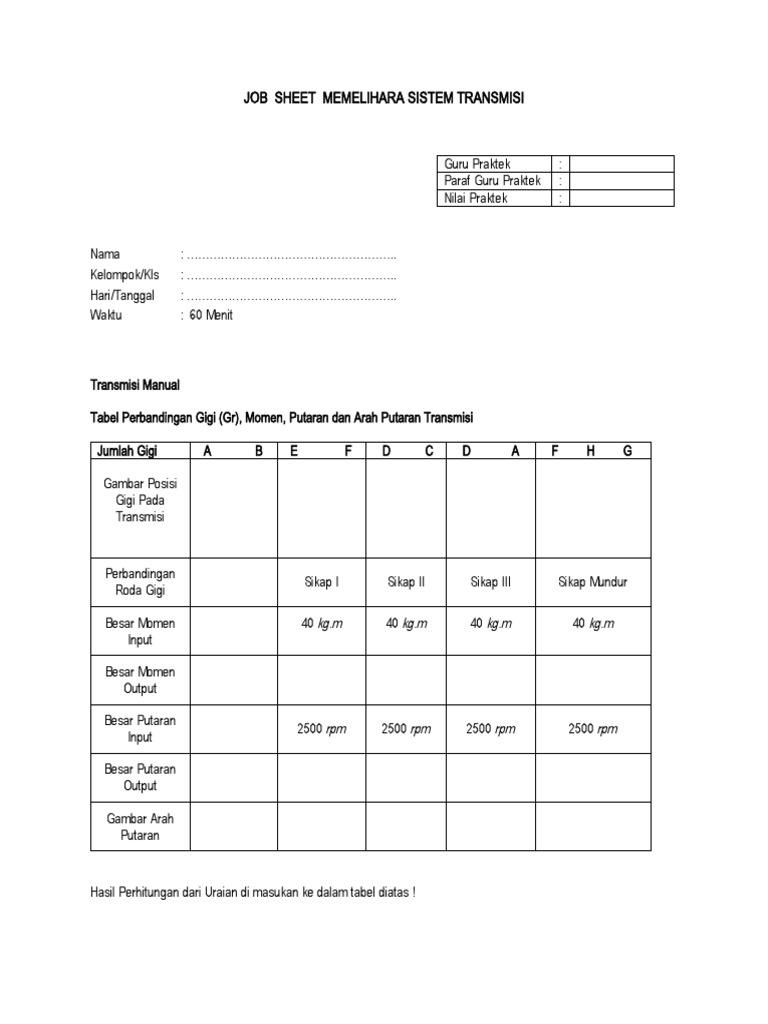 Job Sheet Memelihara Sistem Transmisi: KG.M KG.M KG.M KG.M | PDF ...