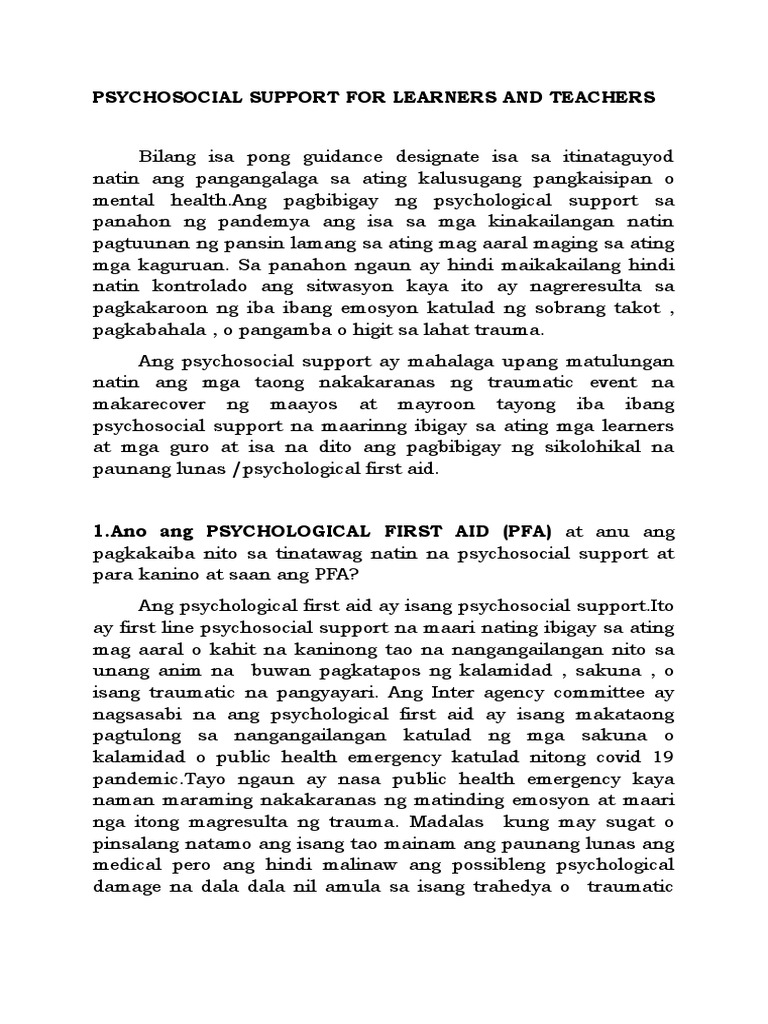 Psychosocial Support For Learners and Teachers | PDF