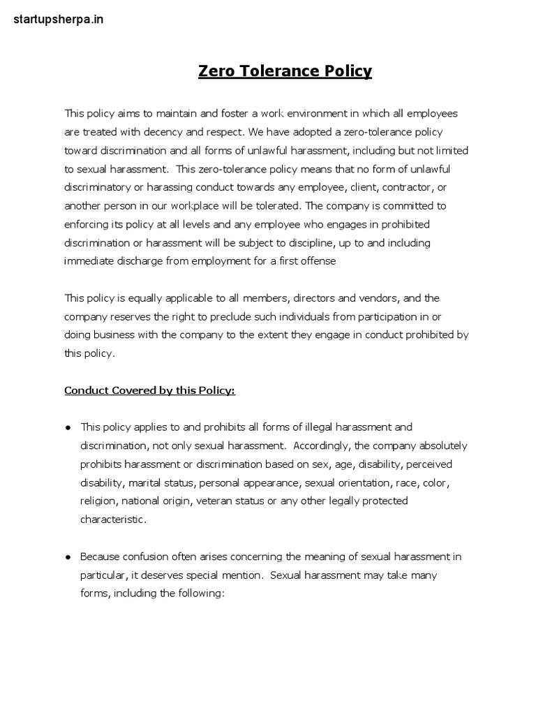 Zero Tolerance Policy | PDF | Sexual Harassment | Harassment