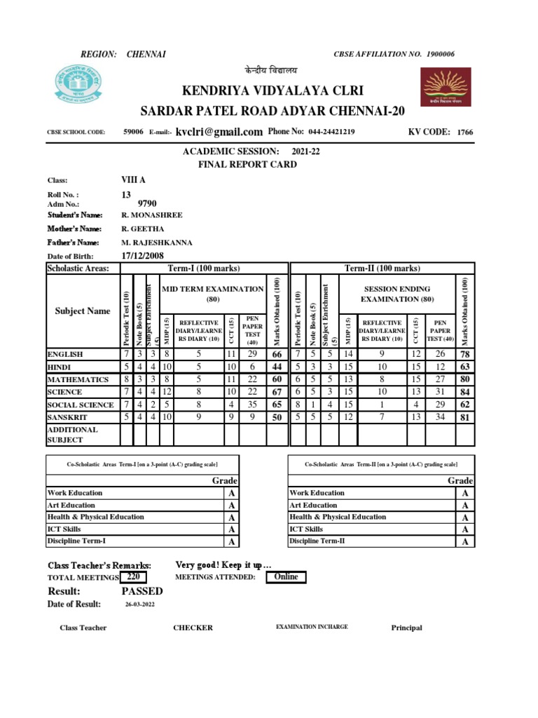 Kendriya Vidyalaya Clri Sardar Patel Road Adyar Chennai-20: Final ...