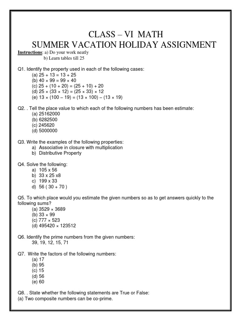 Class - Vi Math Summer Vacation Holiday Assignment: Instructions: A) Do ...