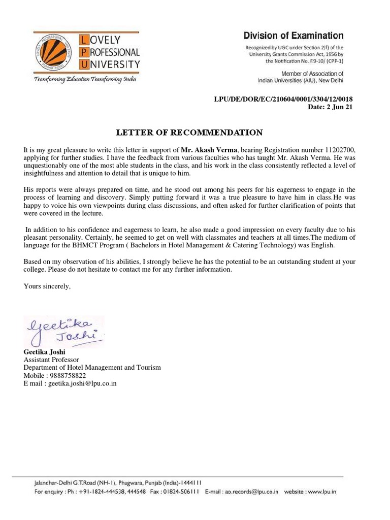 Letter of Recommendation: LPU/DE/DOR/EC/210604/0001/3304/12/0018 Date ...