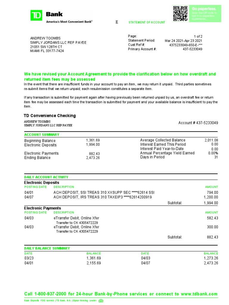 Simply Jordan TD Bank Statement Andrew Mar 2021 | PDF | Overdraft ...