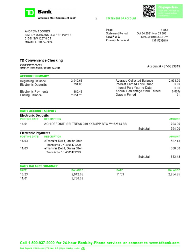 Simply Jordan TD Bank Statement Andrew Oct 2021 | PDF | Banks | Payments