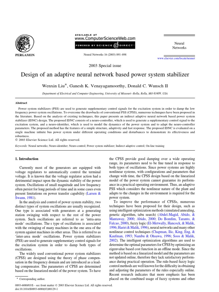 Design of An Adaptive Neural Network Based Power System Stabilizer | PDF | Systems Science ...