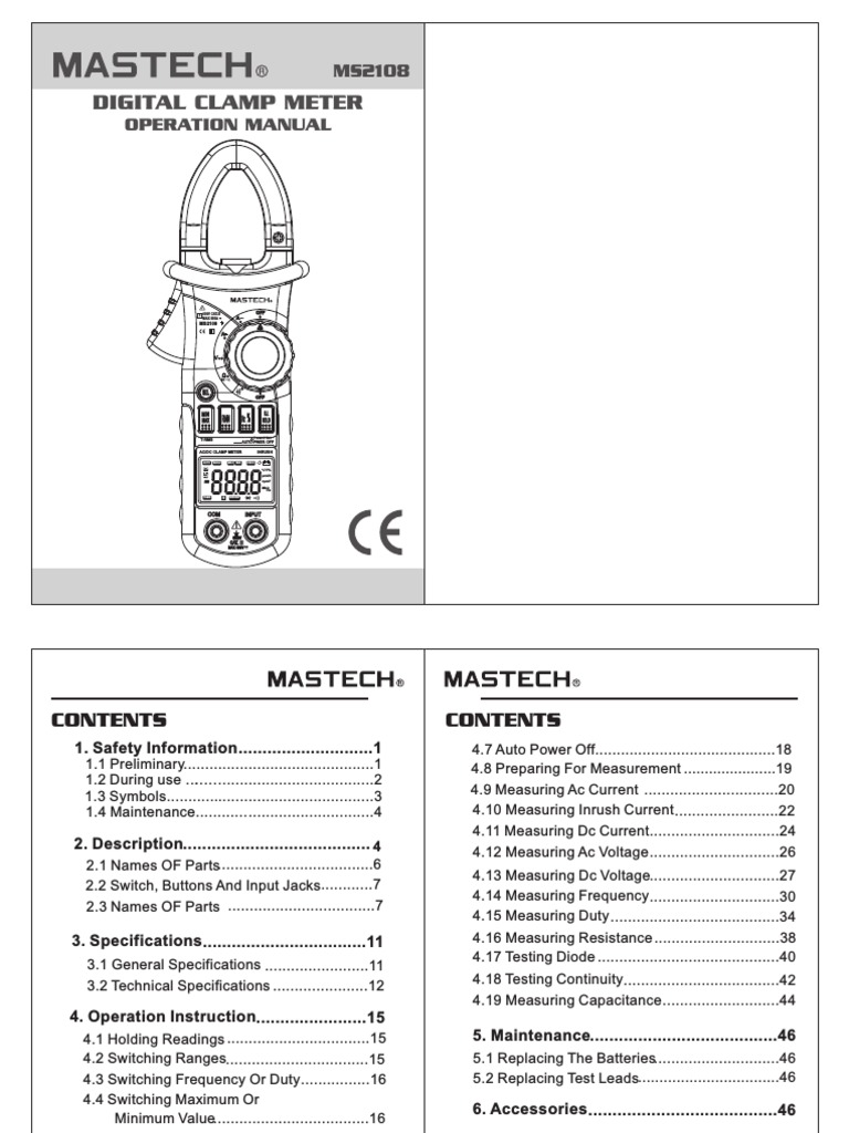 MS2108 Digital Clamp Meter Manual | PDF | Power Supply | Alternating ...