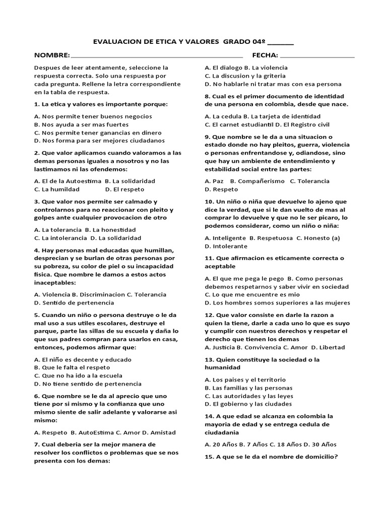 Evaluacion Etica y Valores Grado 04 Profe Edwin Almagro | PDF | Tolerancia