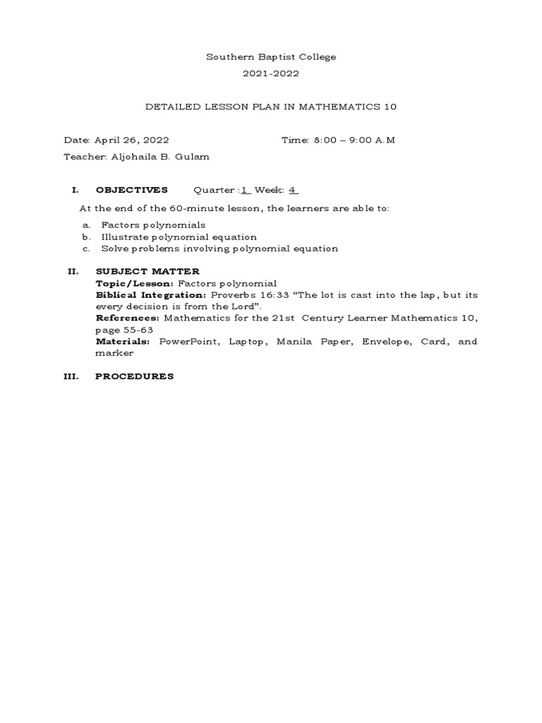 Mathematics 10 Lesson Plan: Polynomial Factors | PDF | Factorization | Polynomial