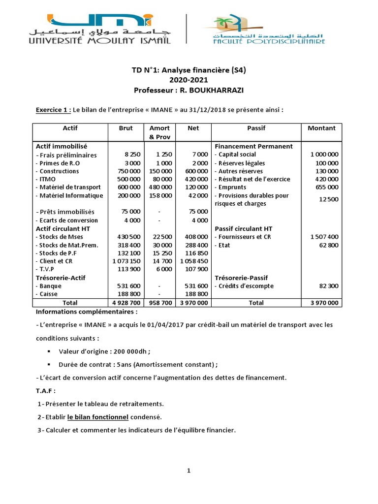 TD N°1 Bilan Fonctionnel Financier | PDF | Bilan comptable | Capitaux ...