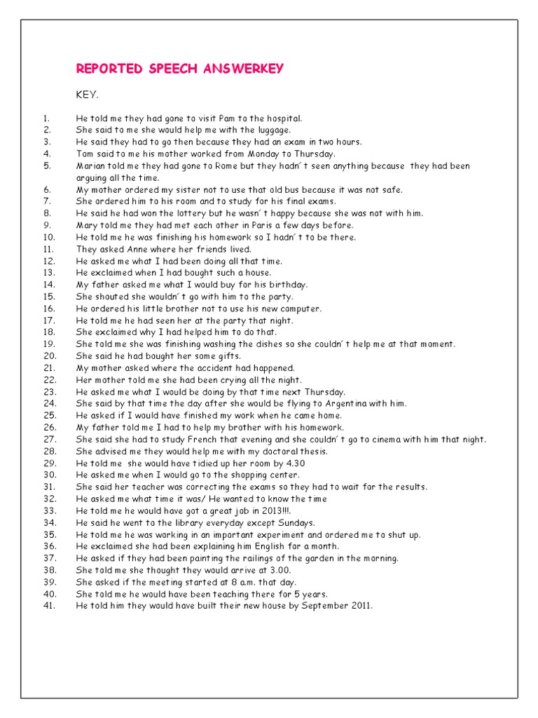 Reported Speech Answer Key Guide | PDF