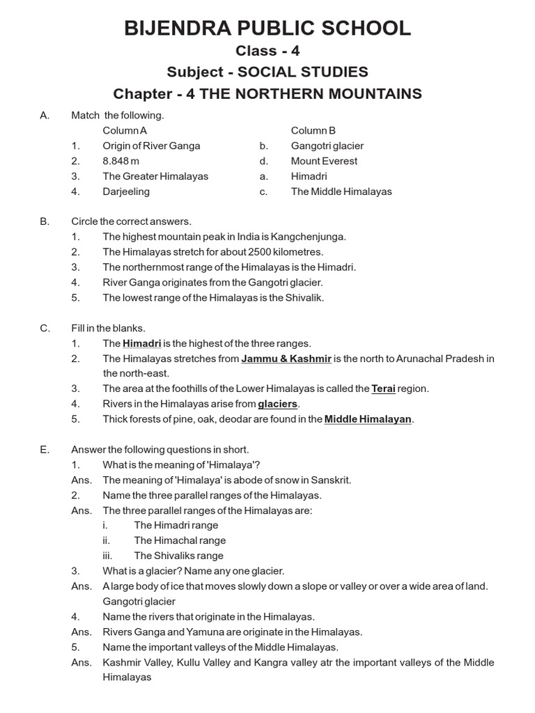 Northern Mountains Class 4 Worksheet | PDF | Himalayas | Earth Sciences