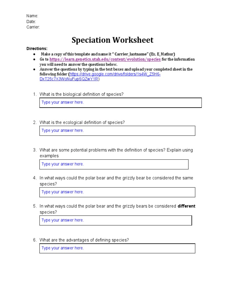 7-Speciation Worksheet | PDF | Species | Reproduction