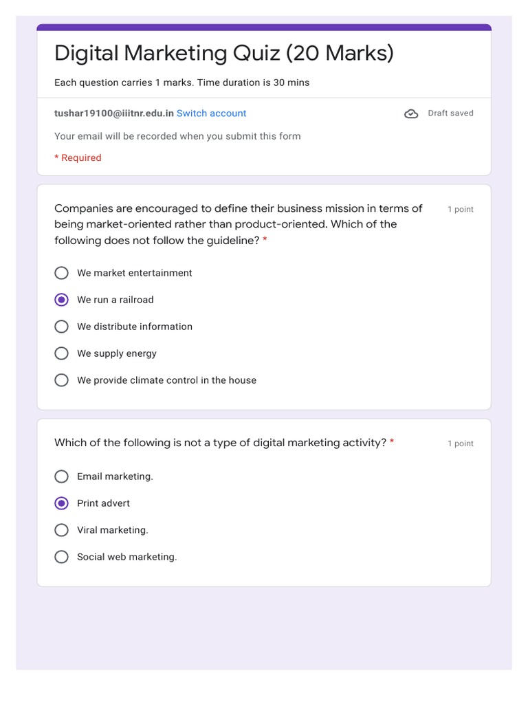 Digital Marketing Quiz (20 Marks) | PDF | Marketing | Digital Marketing