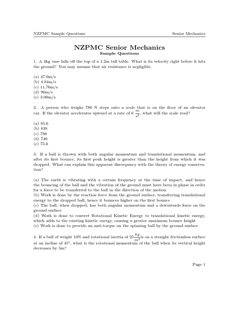 Senior Mechanics Sample Questions | PDF | Force | Drag (Physics)