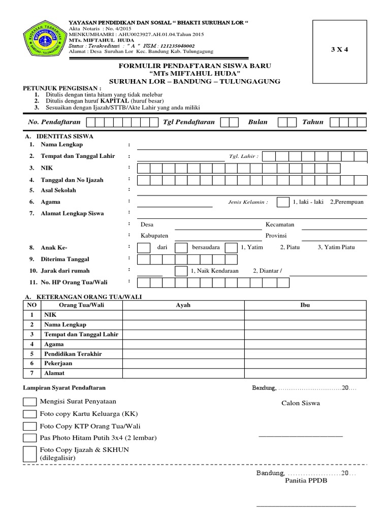 Formulir Pendaftaran MTS Miftahul Huda | PDF