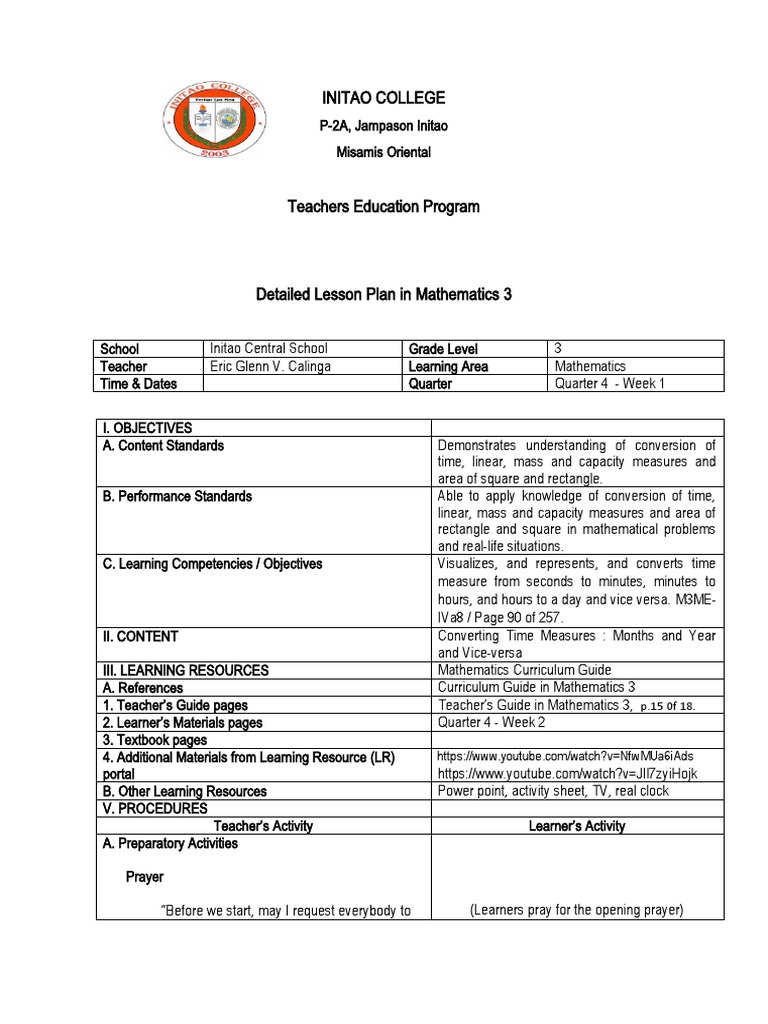 DLP in MATH 3 DEMO | PDF | Teachers | Multiplication