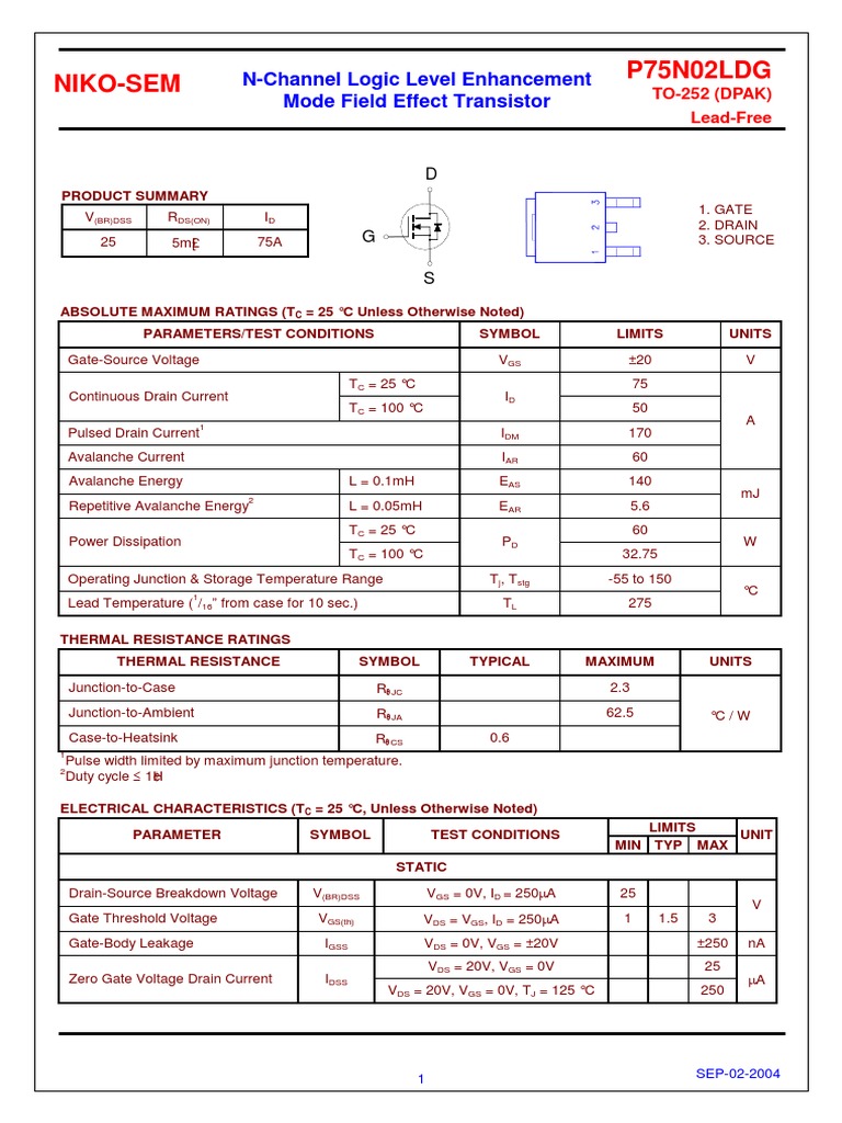 N-Channel Logic Level FET P75N02LDG | PDF | Field Effect Transistor ...