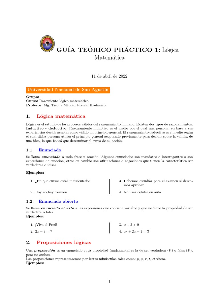 Guia Teorico Practico 1 L Gica de Matem Tica Unsa | Descargar gratis PDF | Proposición | Si y ...