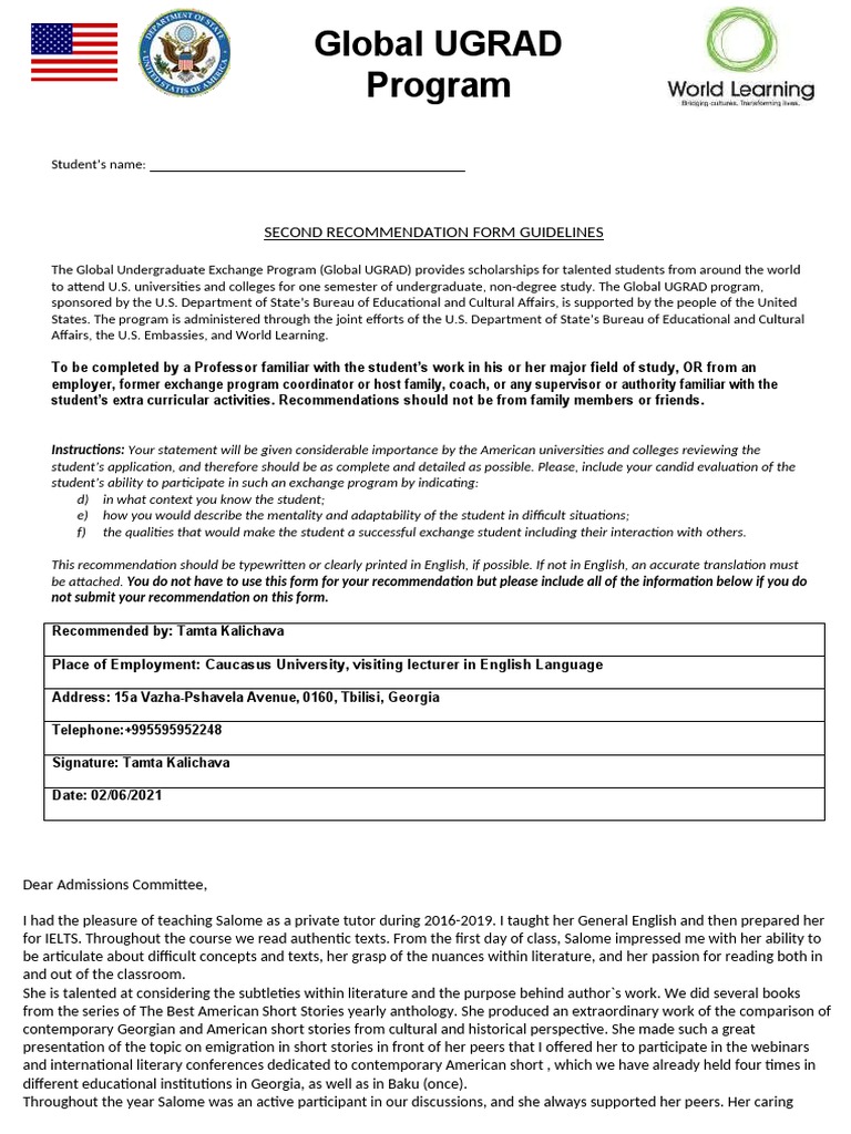 Global UGRAD Program: Second Recommendation Form Guidelines | PDF ...