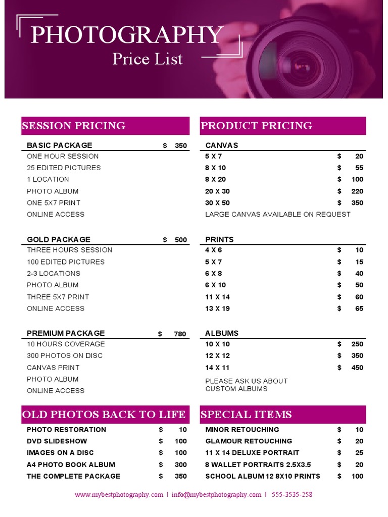 Photography Price List Template | PDF