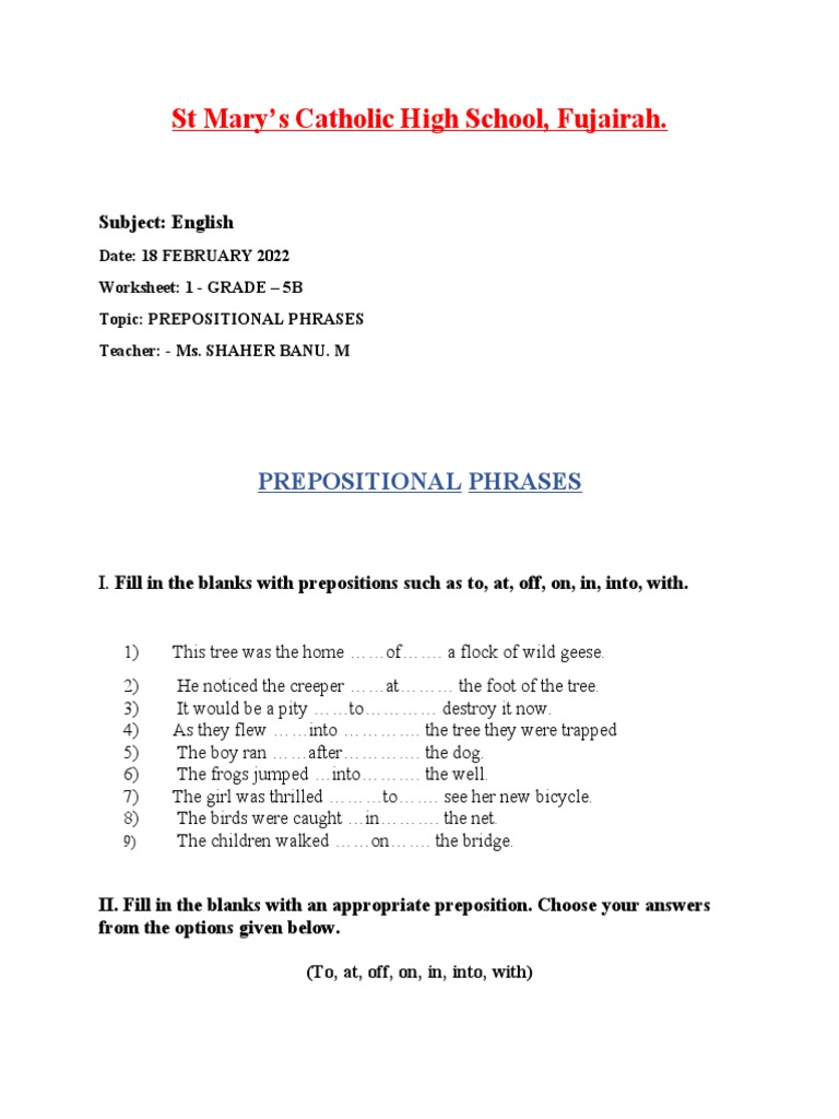 Grade 5 Prepositional Phrases Worksheet | PDF