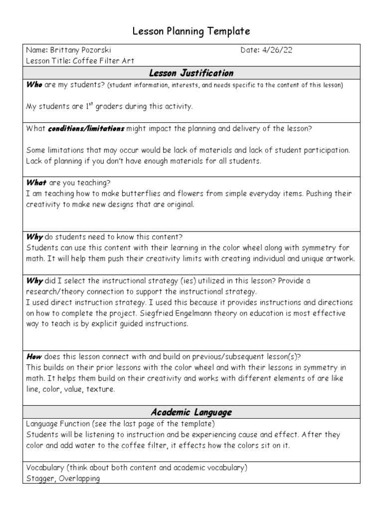 Lesson Planning Template Edtpa 2021 | PDF | Vocabulary | Creativity