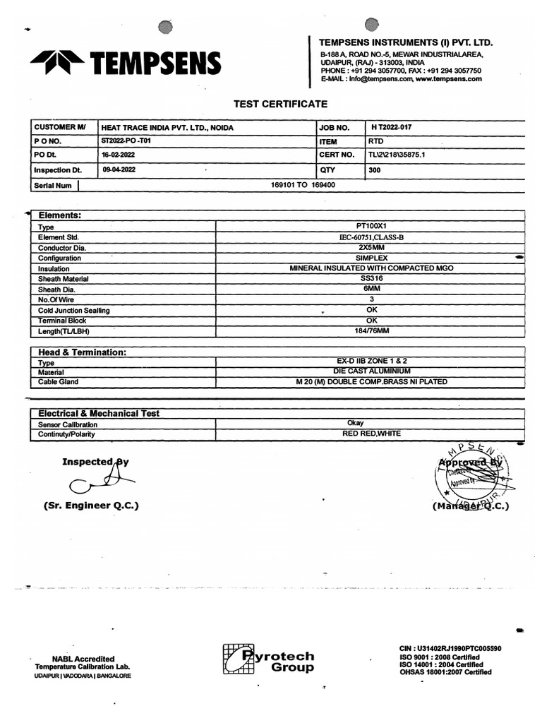 ., TEMPSENS: Test Certificate | Download Free PDF | Materials ...