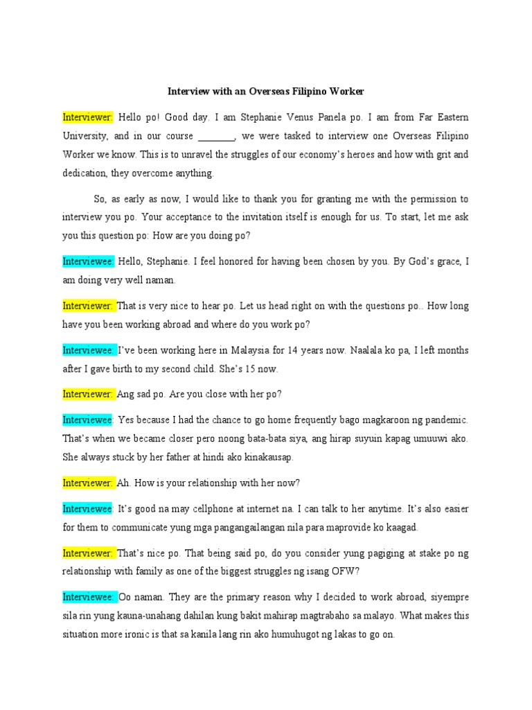 Interview With An Overseas Filipino Worker | PDF | Philippines