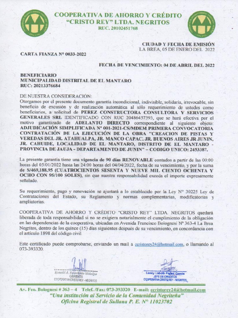 Carta Fianza Perez Constructora | PDF