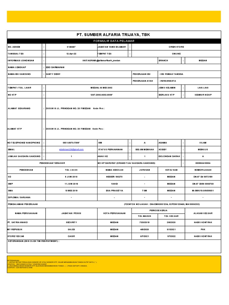Form Data Pelamar | PDF