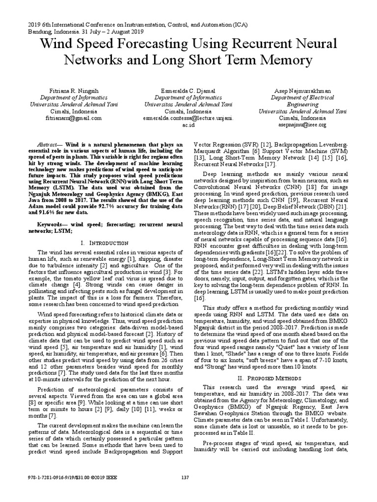 Wind Speed Forecasting Using Recurrent Neural Networks And Long Short