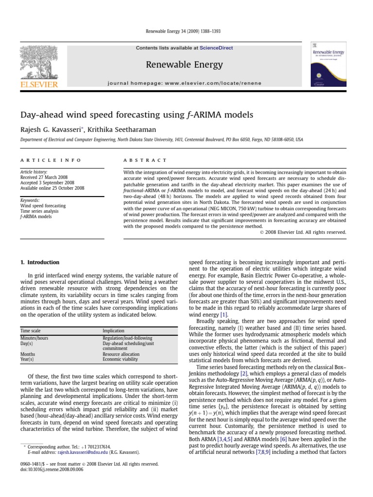 Day-Ahead Wind Speed Forecasting Using F-ARIMA Models | PDF | Forecasting | Autoregressive ...
