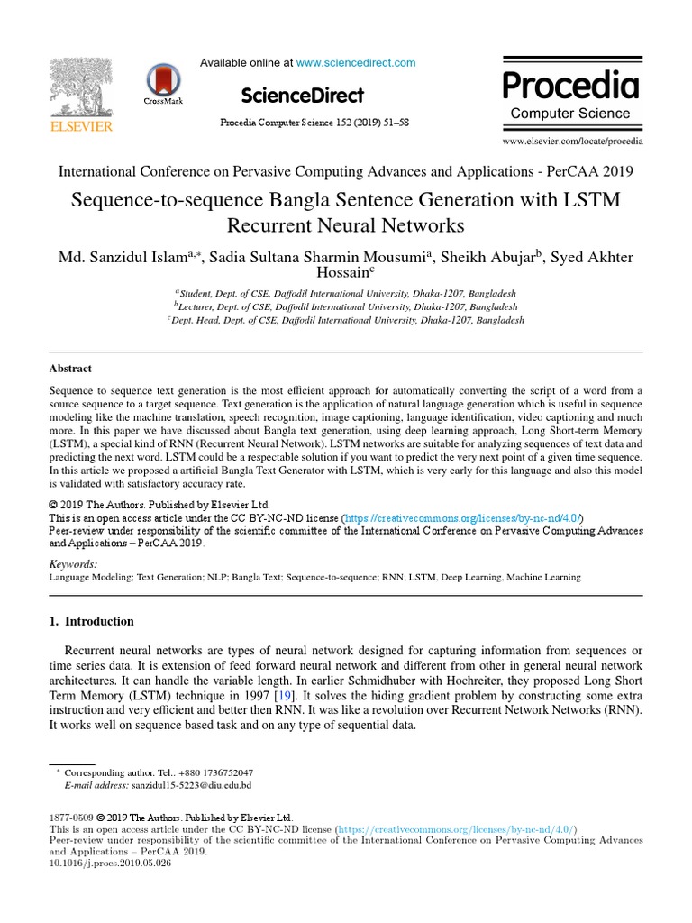 Sequence-To-sequence Bangla Sentence Generation With LSTM | PDF | Deep Learning | Computational ...